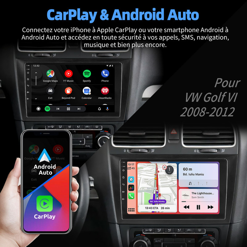 Autoradio Android 15 4+64G avec CarPlay, RDS, GPS, Wi-Fi et Bluetooth ...