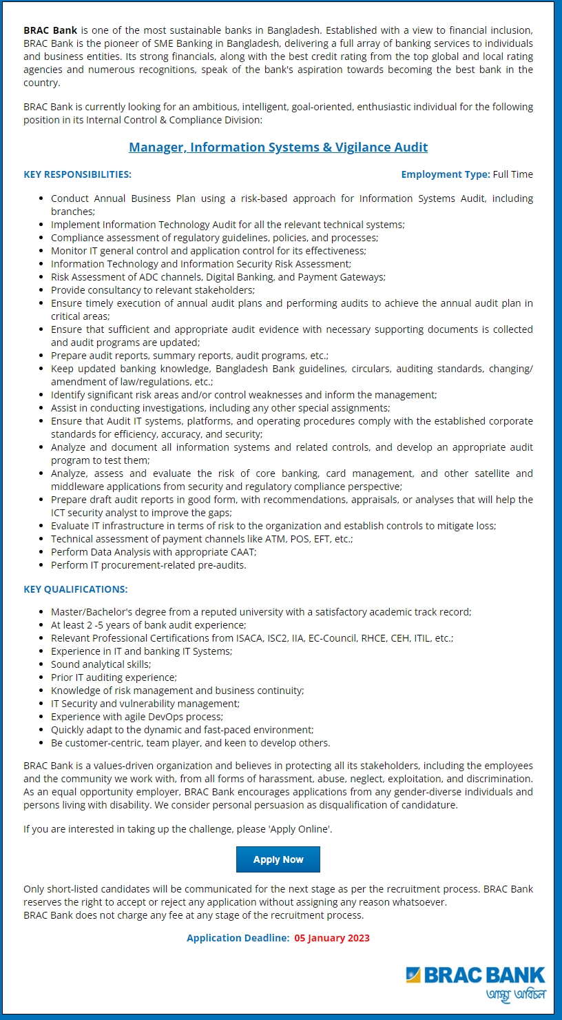 BRAC Bank Job Circular Apply Online 2023 www.bracbank.com