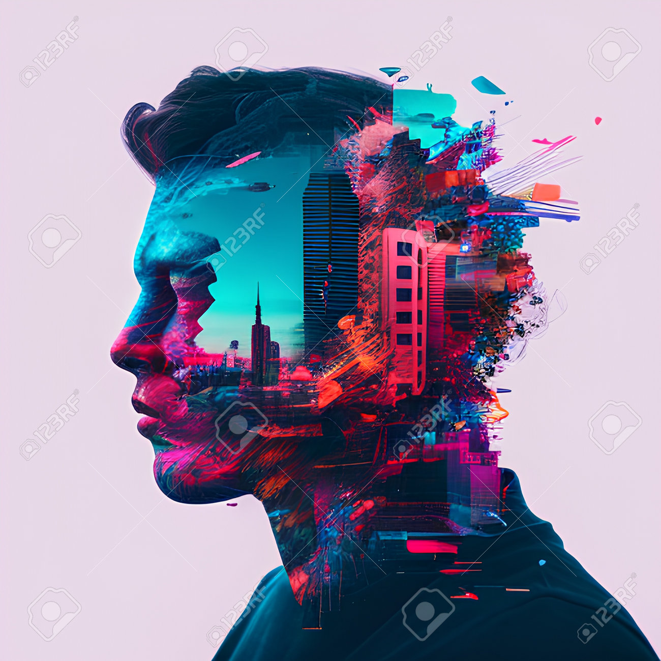 197249485 retrato de doble exposición de un joven de perfil con fondo de paisaje urbano — Postimages