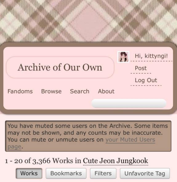 [Site Skin] Pink & Brown Skin - kittyngi - No Fandom [Archive of Our Own]