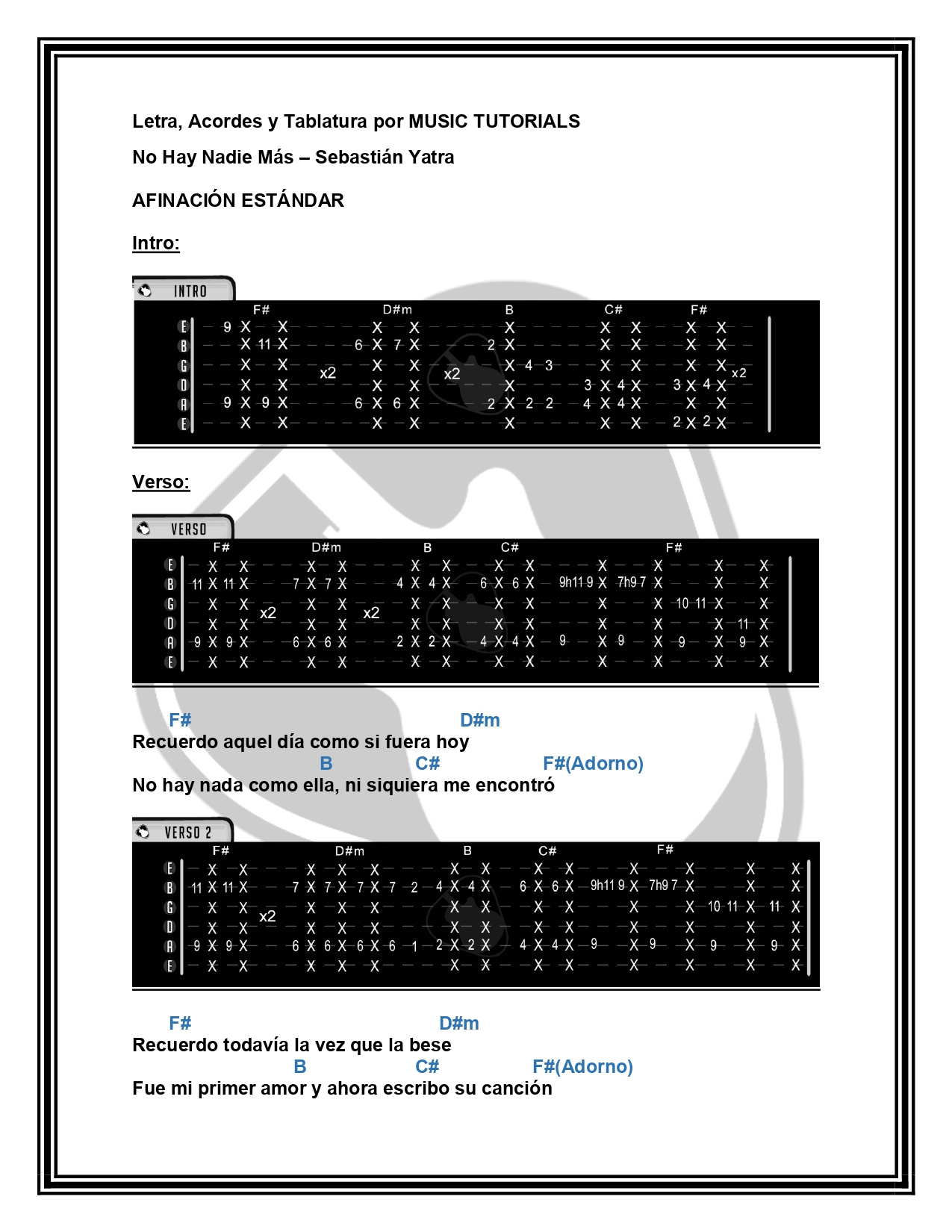 No hay nadie más Sebastian Yatra Letra y Acordes by MUSICTUTORIALS page ...
