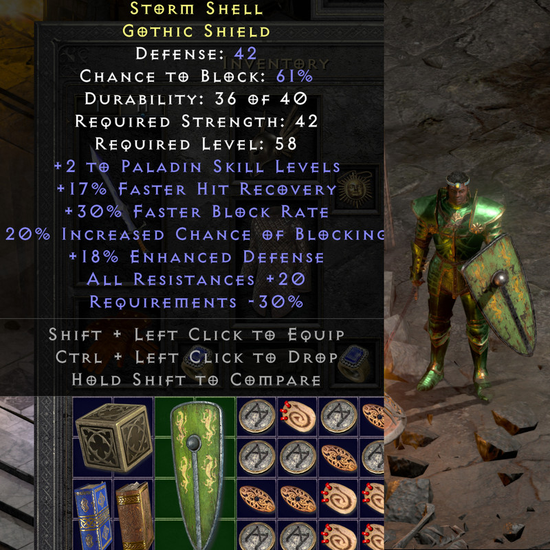 Unique Green Paladin Shield 2/fhr/30/20/20res-30rq - Topic - d2jsp