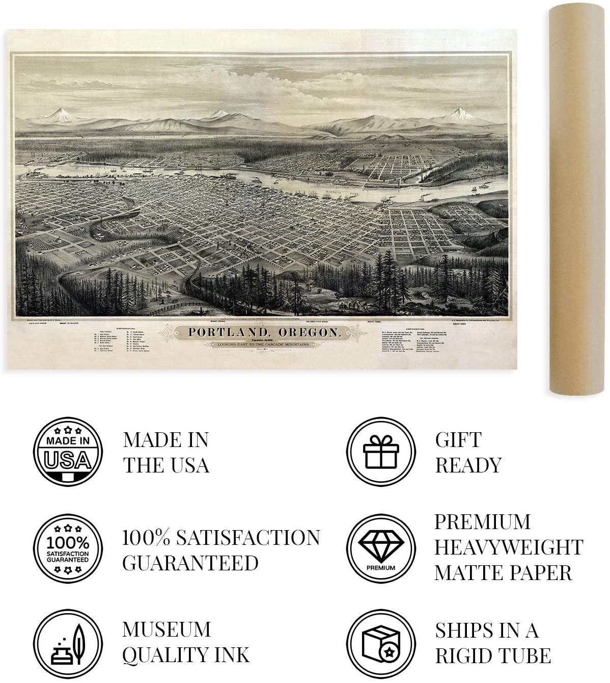 1879 Portland Oregon Map - Vintage Portland Oregon Wall Art Poster ...