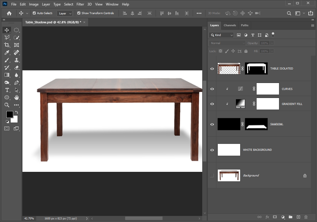 Need help creating drop/perspective shadow for furniture table product ...