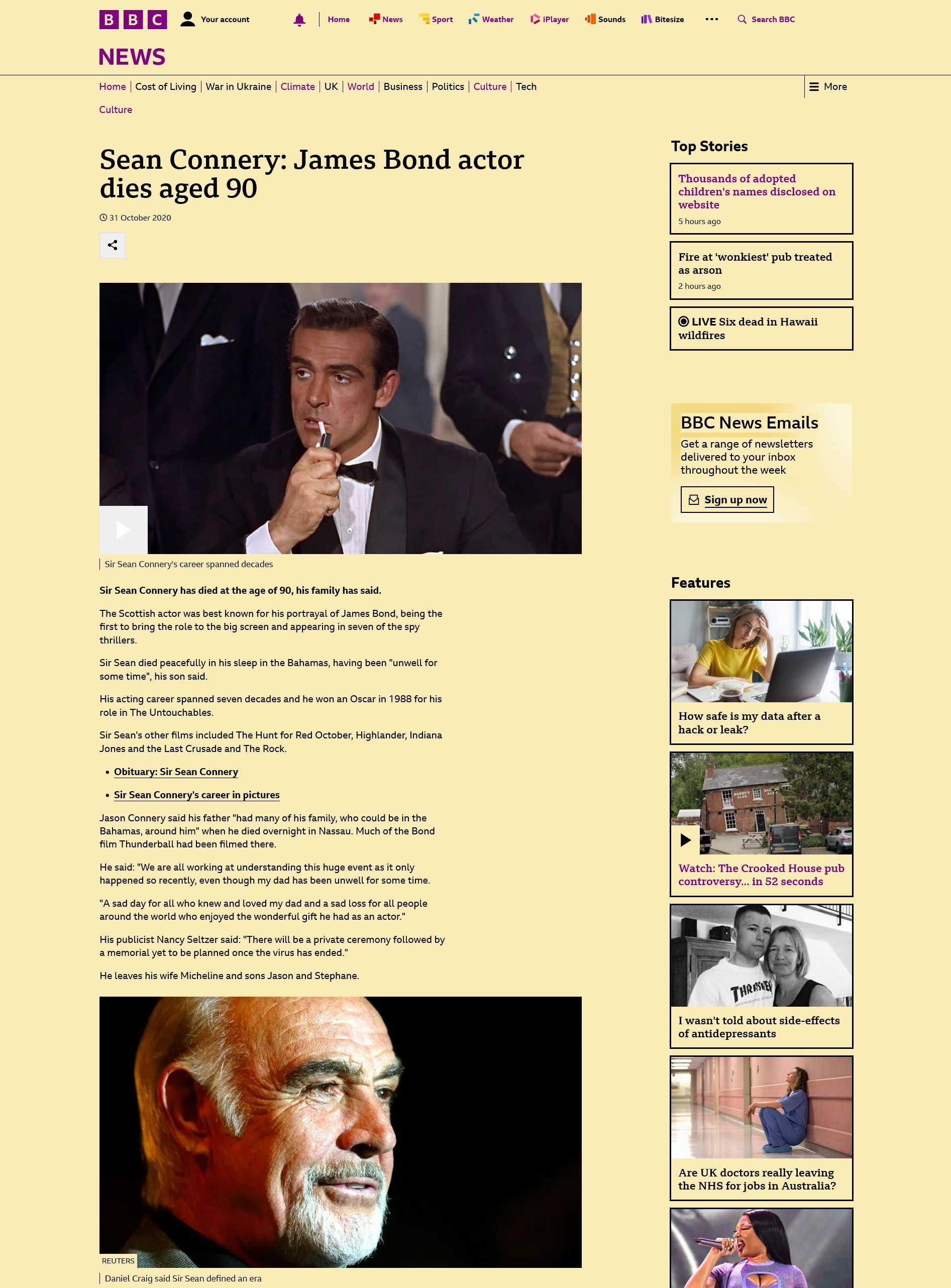 Sean Connery James Bond actor dies aged 90 BBC News 20230809 224856 SS NB on 31 October 20 ...