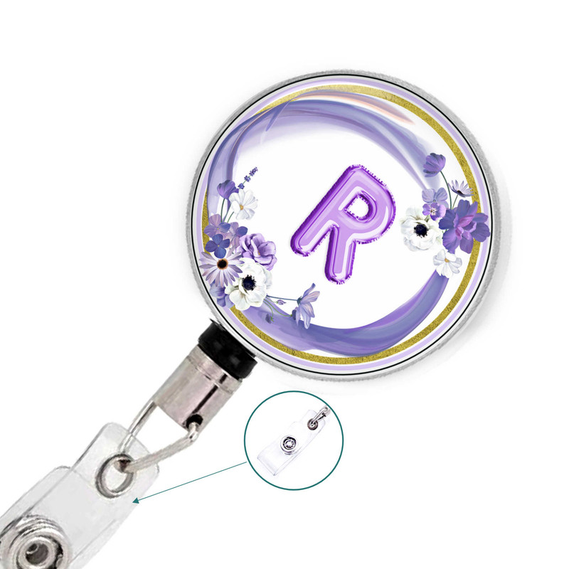 Lilac Flowers RN name tag holder, monogram initial letter badge reel gift