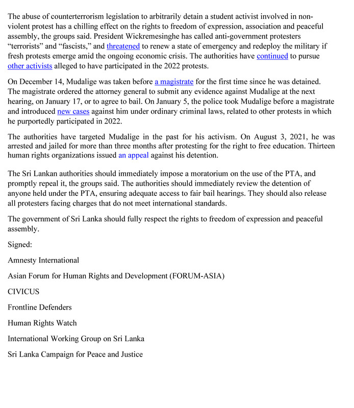 Seven rights groups urge SL govt to end arbitrary detention of Mudalige