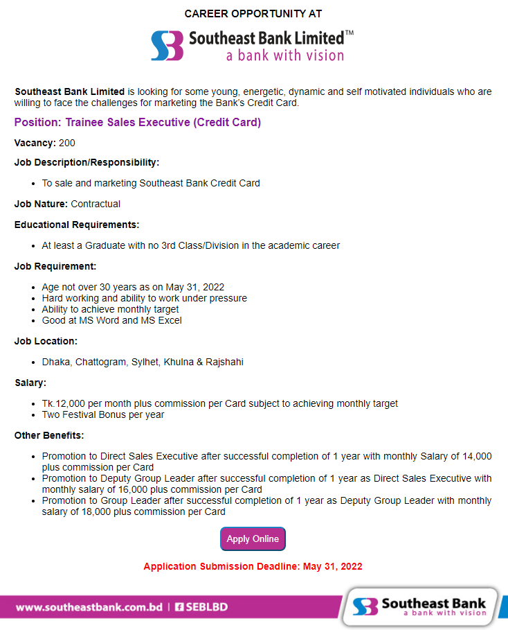 Southeast Bank Limited Job Circular 2022 - www.southeastbank.com.bd