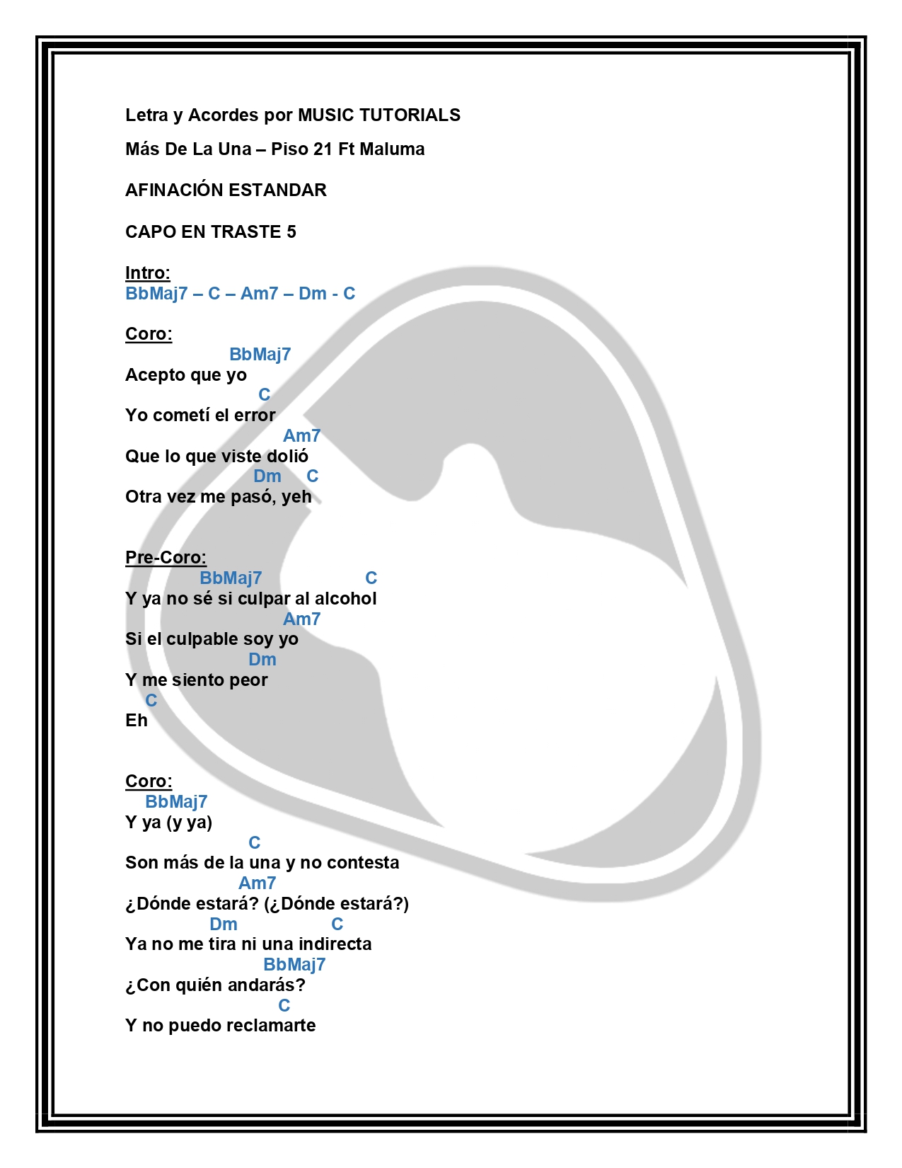 Más De La Una Piso 21, Maluma Letra y Acordes by MUSICTUTORIALS page ...
