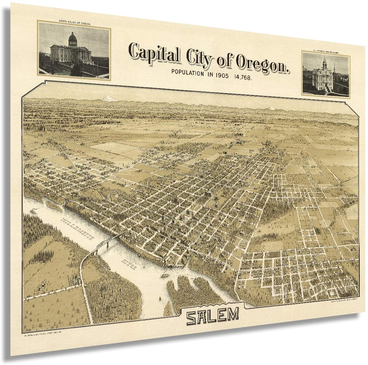 1905 Map of Salem Oregon - Vintage Salem Capital City of Oregon Wall ...