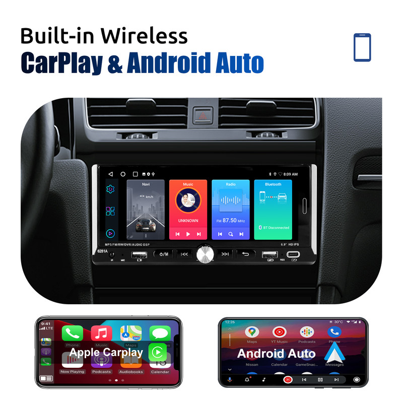 Autoradio 6,9" IPS 1 DIN avec Android 14 Carplay Android Auto GPS RDS ...