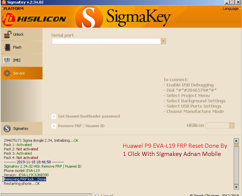 Huawei P9 EVA-L19 FRP Reset Done By 1 Click With Sigmakey - GSM-Forum