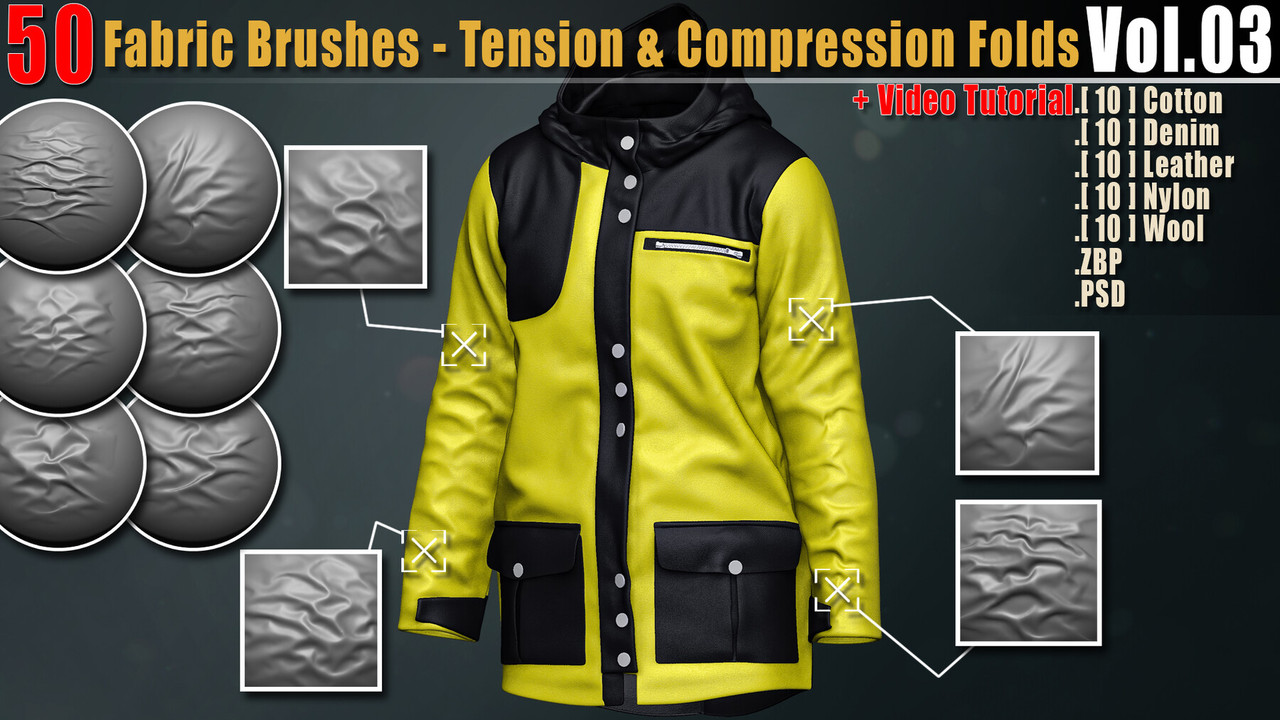 50 Fabric Brushes - Tension & Compression Folds Vol.03 + Video Tutorial 2025 - Free Daz 3D Models