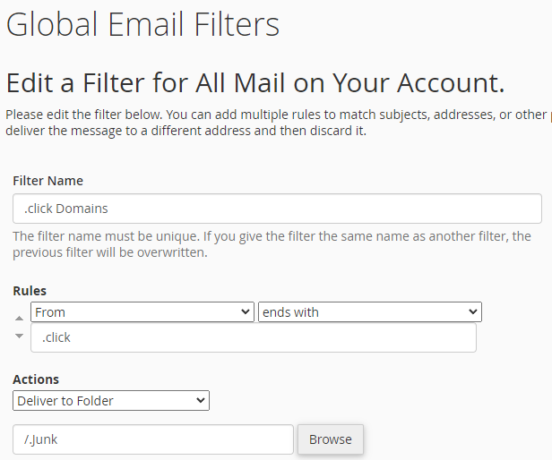 Blocking spam email through Global Email Filters : r/webhosting