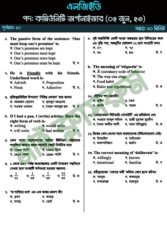 LGED Community Organizer Question Solution 2023 - My Classroom