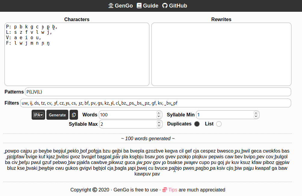 GenGo - A word generator made by me! : r/conlangs