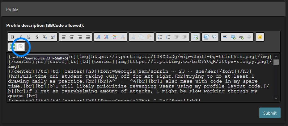 F2U Artfight Profile BBCode on Toyhouse