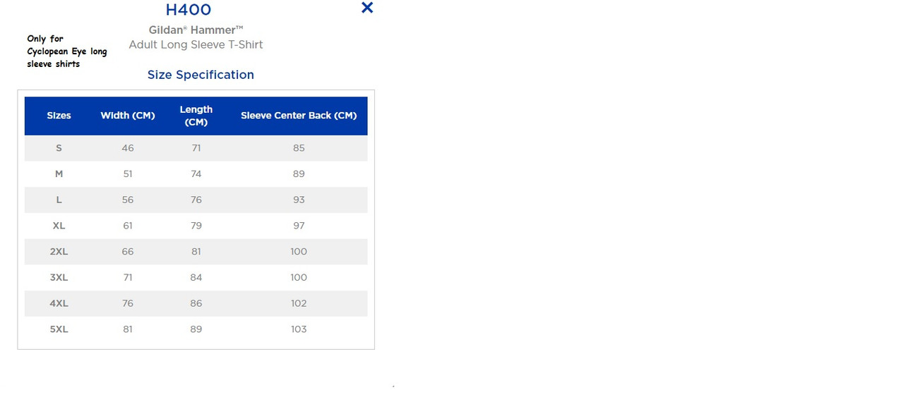 Cyclopean Eye Long sleeve size chart — Postimages