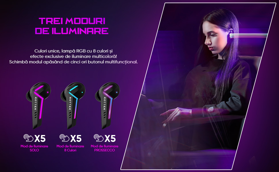 Casti Gaming Bluetooth ROTTER®, Wireless Audio, Fara Fir, Afisaj ...