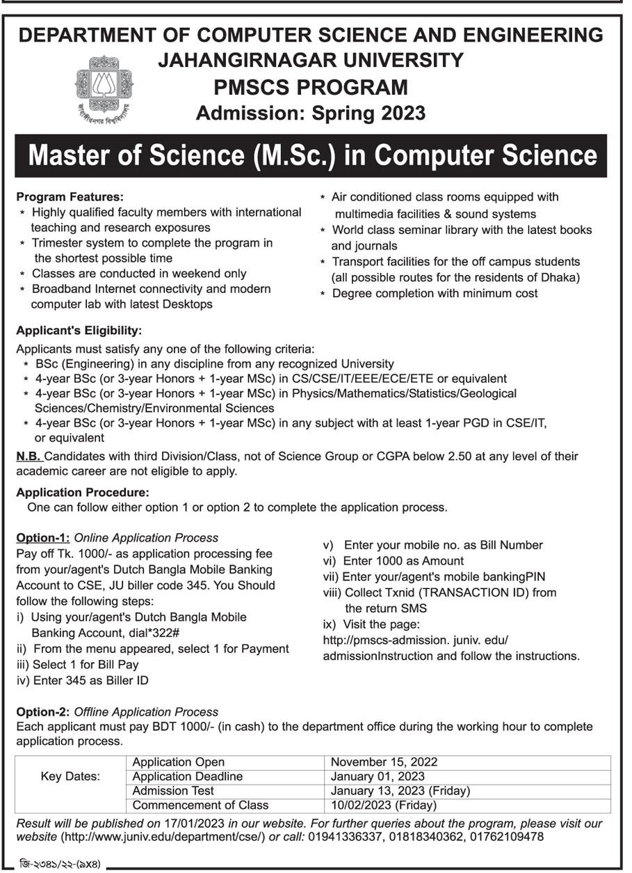 Jahangirnagar University MSC in CSE Admission Circular 2022 - KFPlanet English