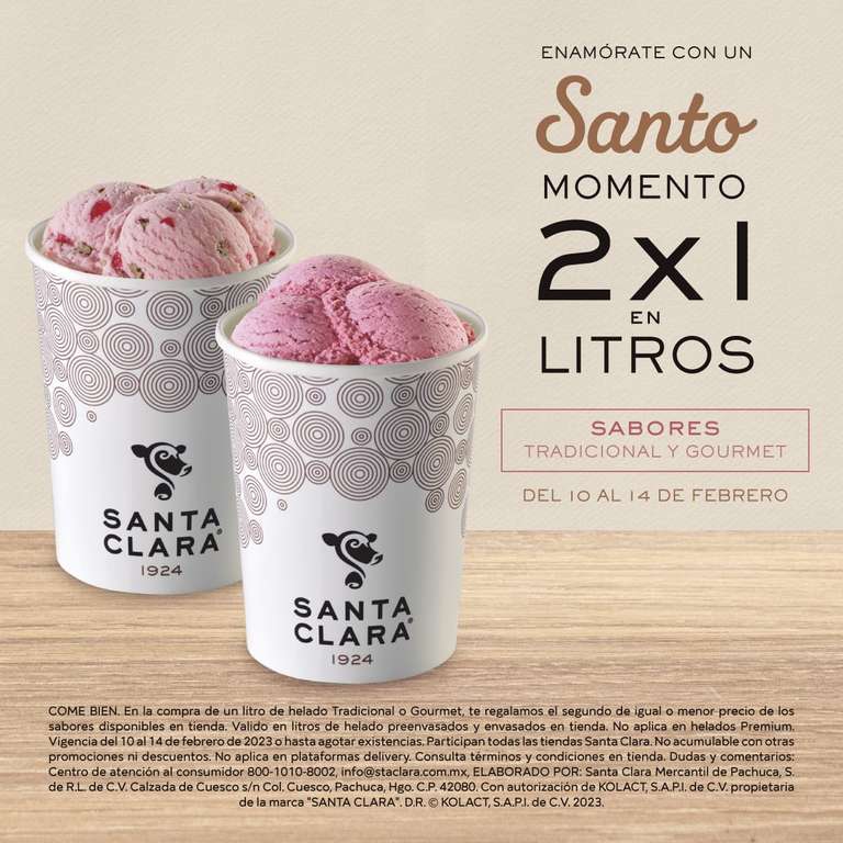 Helados Santa Clara: 2x1 en Litros de Helado Tradicional y Gourmet