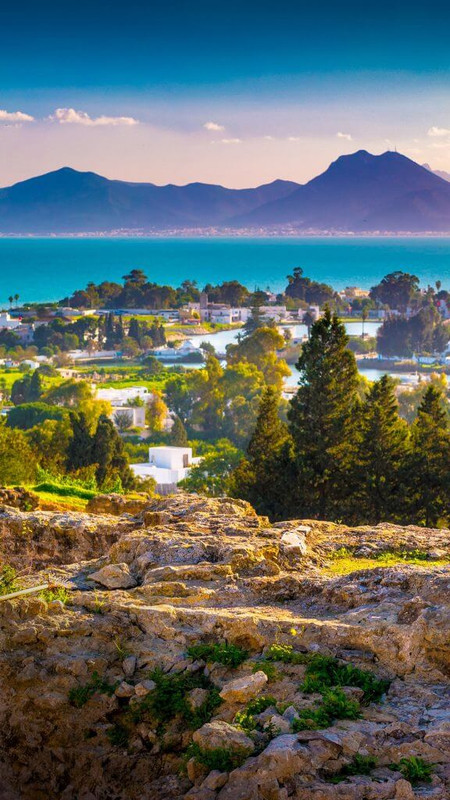 View from hill Byrsa with ancient remains of Carthage and landsc ...