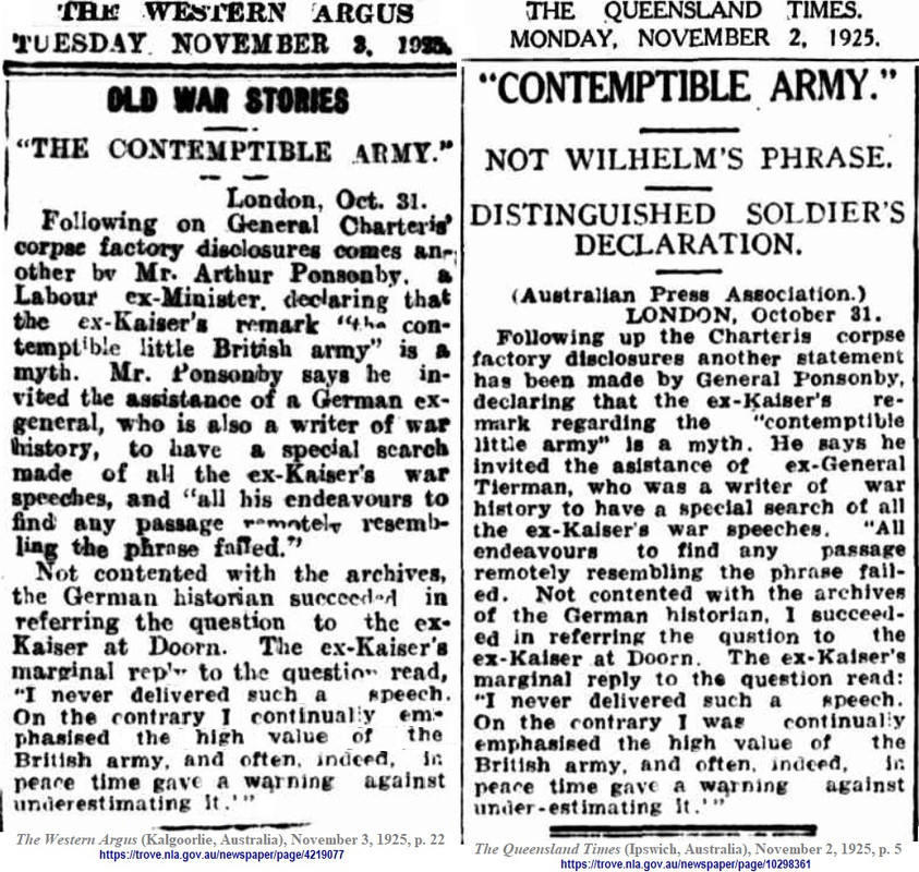 WW1 Australian newspapers November 1925 Contemptible Little Army ex Kaiser Ponsonby neve ...