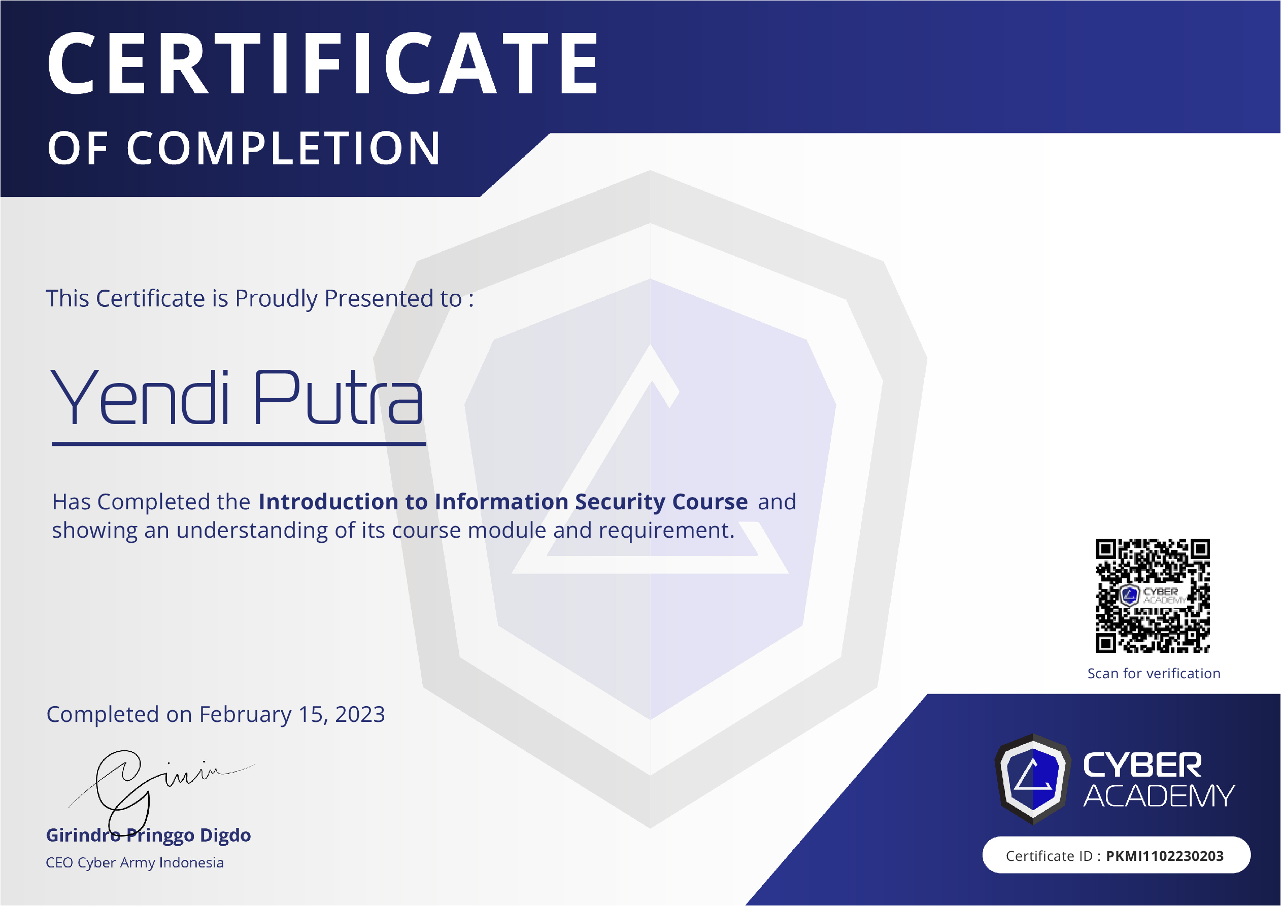 Certificate of Completion Introduction to Information Security Yendi Putra — Postimages
