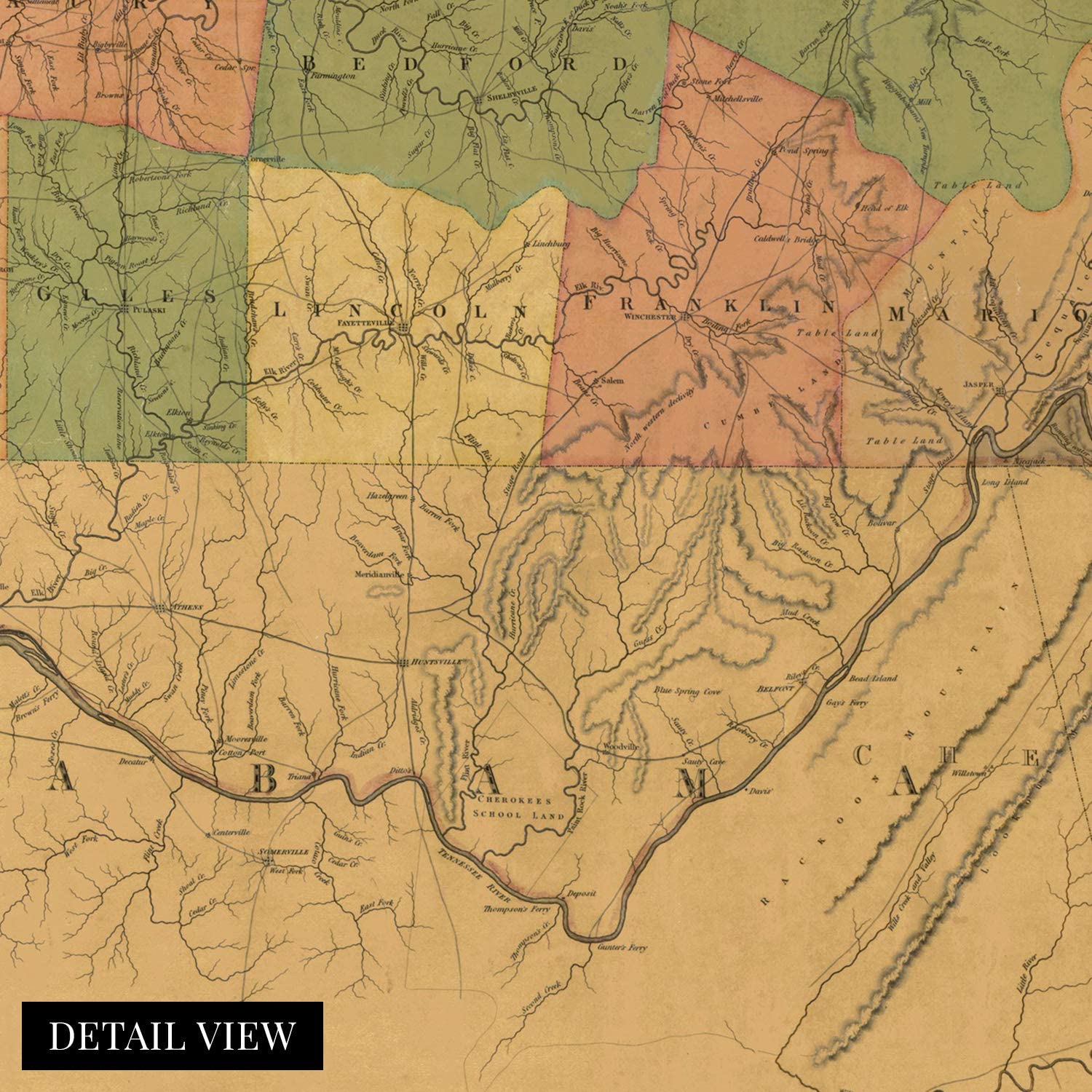 1832 Tennessee State Poster Map - Vintage State of Tennessee USA Wall ...