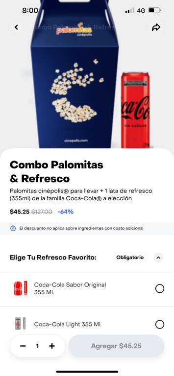 Combo de palomitas de maíz y refrescos con Rappi Prime en Cinpolis