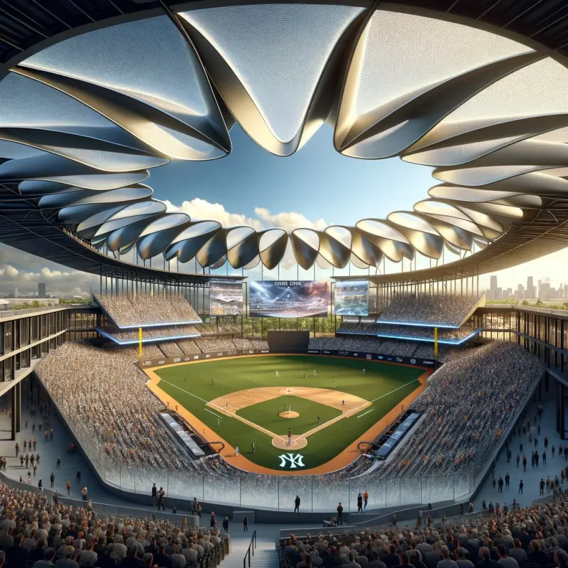 DALL· E 2024 02 29 14 44 31 Envision a modern, innovative baseball stadium that seamlessly ...