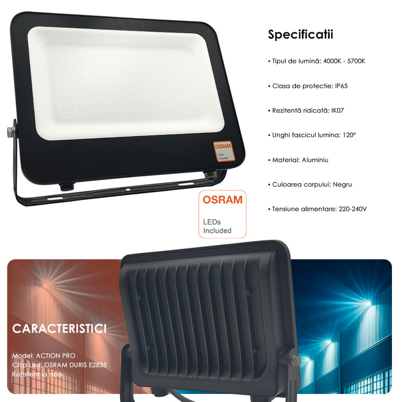 Proiector LED 30W (210W) OSRAM Exterior Negru, 3300Lm, ACTION, IP65 ...