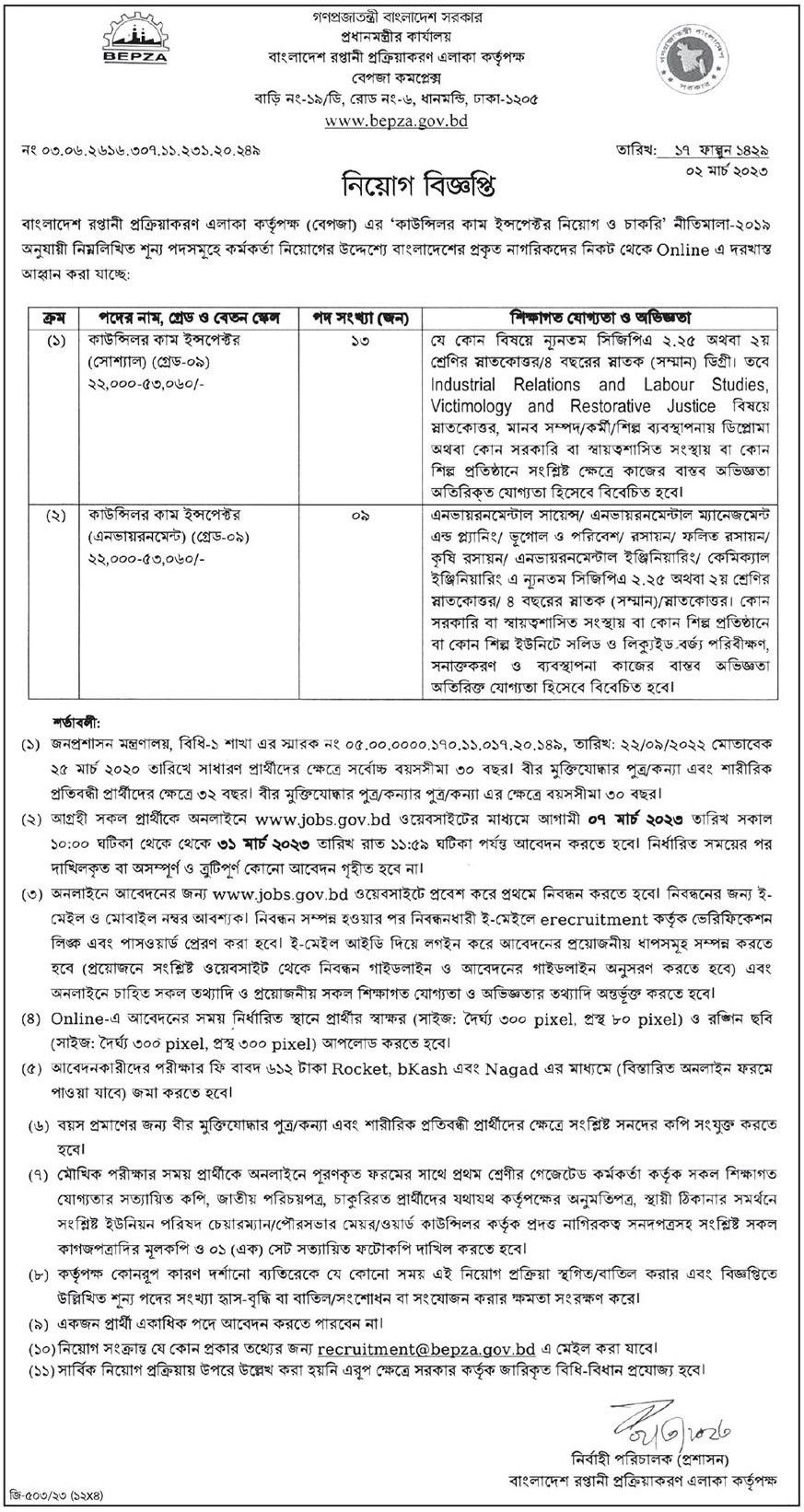 BEPZA Job Circular- বাংলাদেশ রপ্তানি প্রক্রিয়াকরনে নিয়োগ