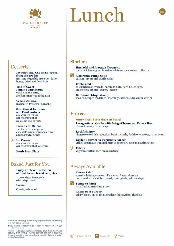 Yacht Club LUNCH Menus - MSC Cruises - Cruise Critic Community