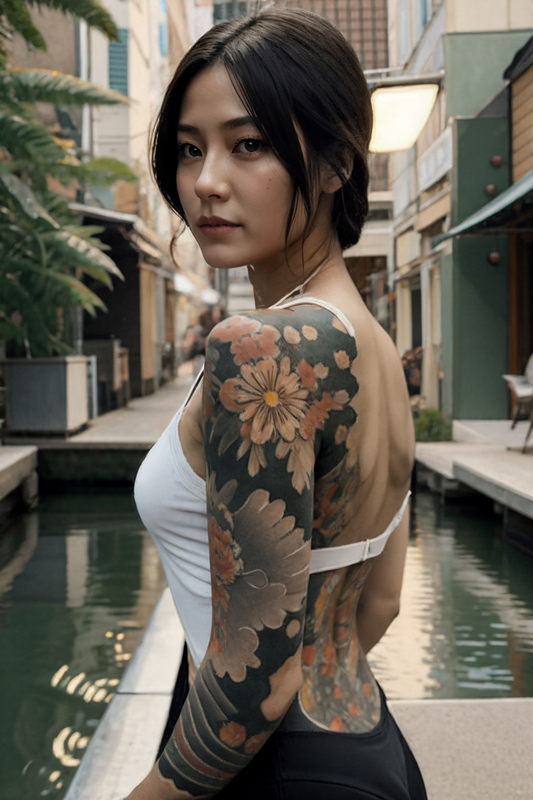 00041 1133364425 from side, wading, water, outdoors, solo, CONCEPT irezumi Yakuza Tattoo ...