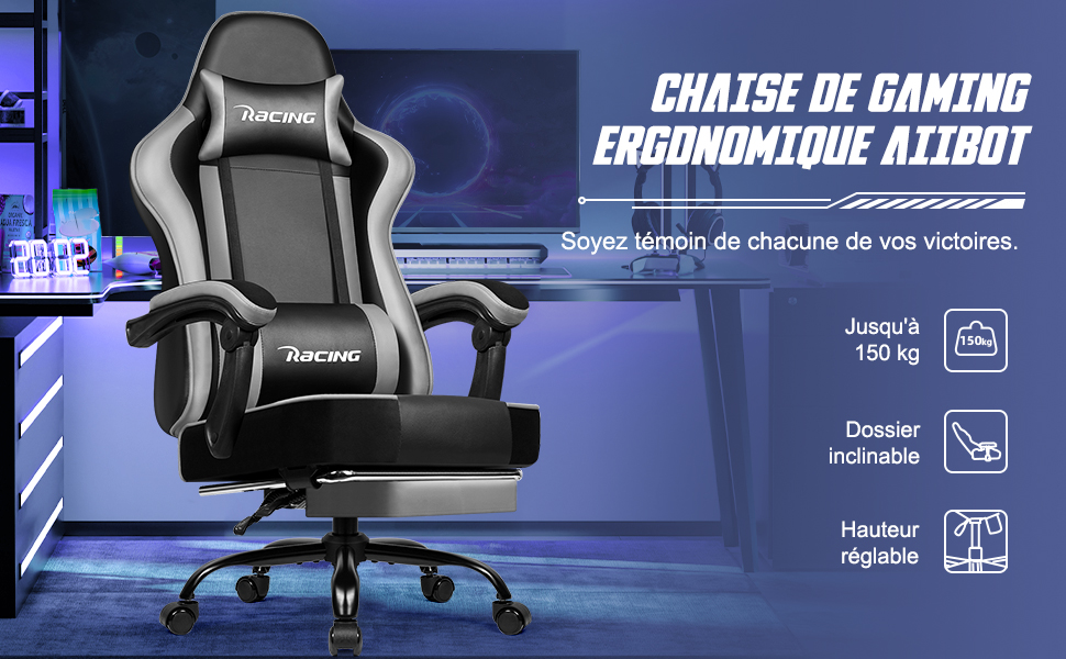 Fauteuil Gaming Ergonomique avec Repose-Pieds, Fauteuil Gamer Réglable ...