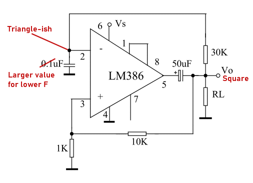 Simple LM386 LFO (triangle or sine wave LED flasher)