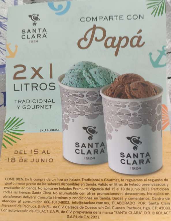 Helados Santa Clara: 2x1 en Litros de Helado Tradicional y Gourmet por día del papá (15 al 18 de ...