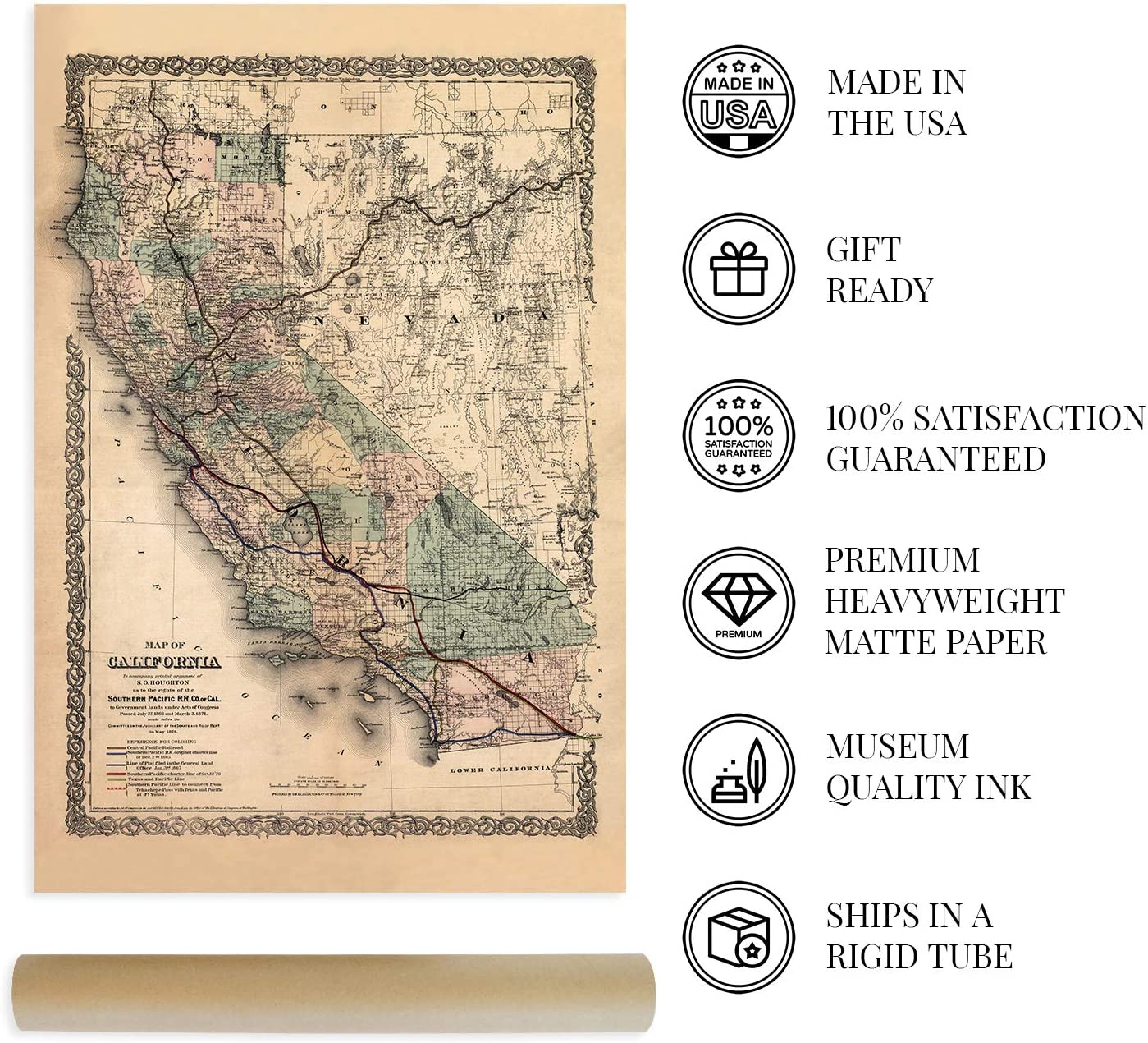 1876 Map of California - Vintage State of California USA Wall Art ...