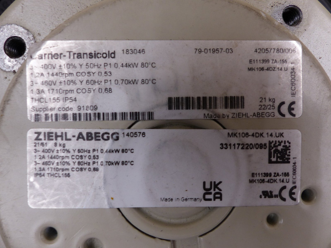 ZIEHL-ABEGG IP54 THCL155 BLOWER MOTOR 400V W/ CARRIER-TRANSICOLD 38 ...