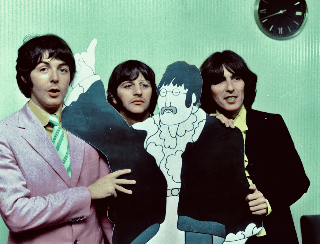 Paul, Ringo and George with Yellow Submarine cutout of John. : r ...