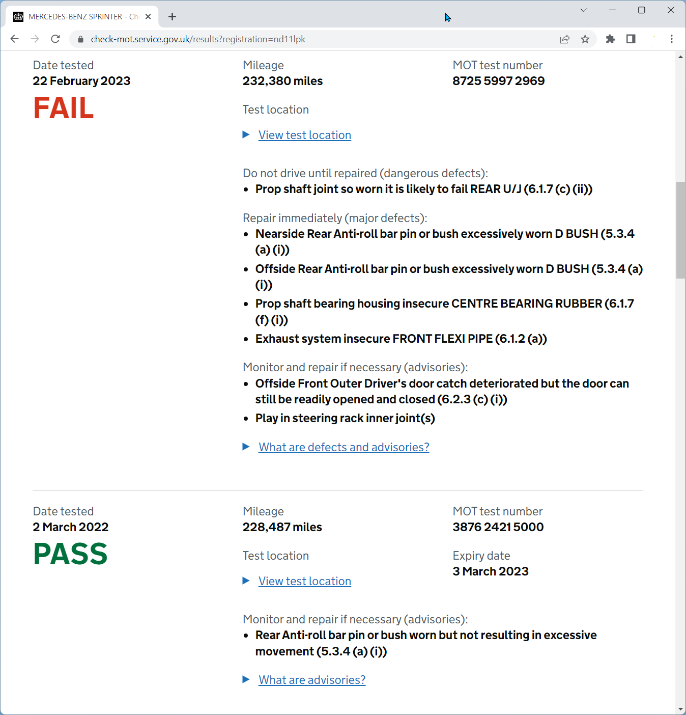 2023 02 23 10 15 20 MERCEDES BENZ SPRINTER Check MOT history – GOV UK ...