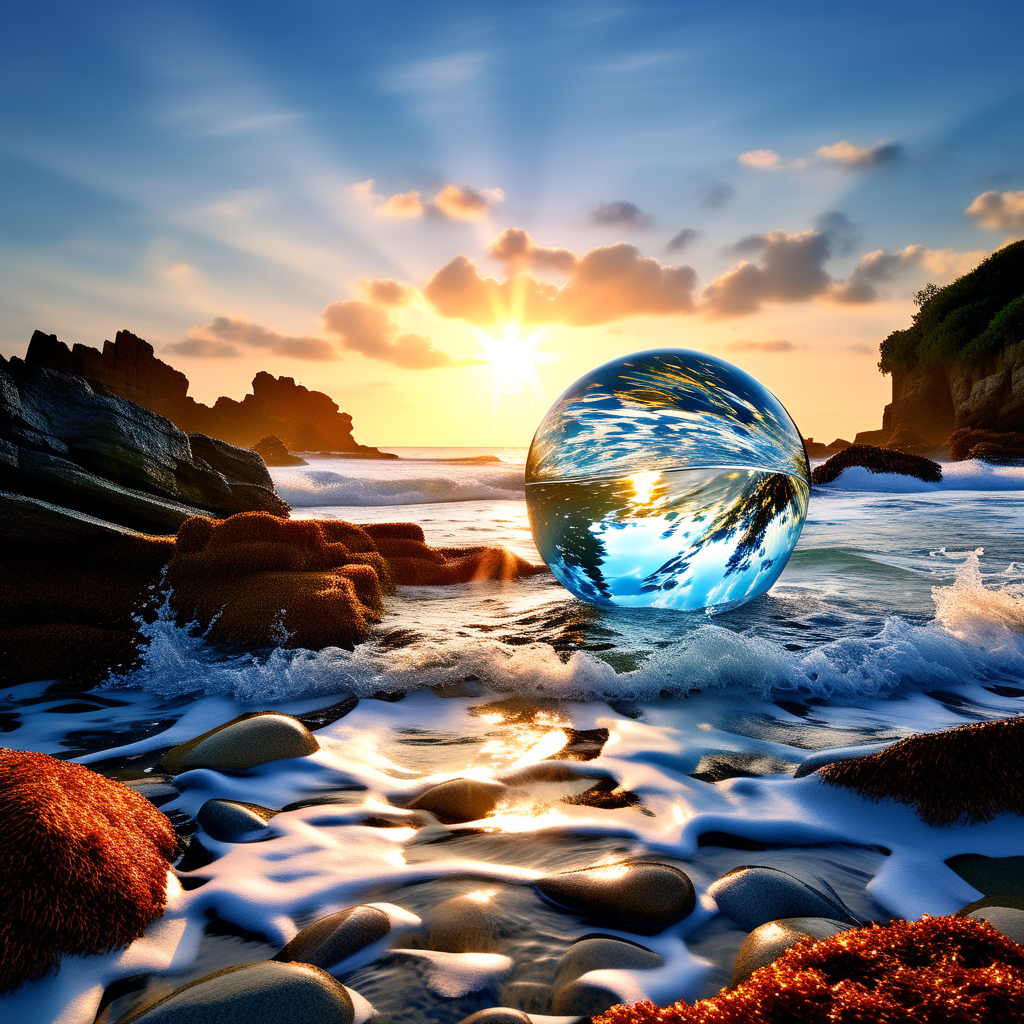metal sphere half submerged by the shore ocean waves cascading around it surreal digital art roc ...