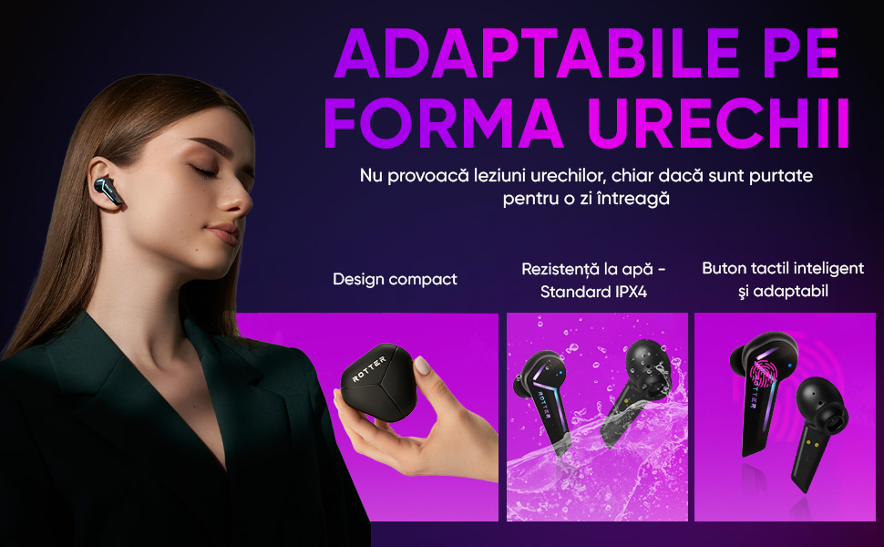 Casti gaming bluetooth ROTTER®, Wireless audio, Fara Fir, Afisaj ...