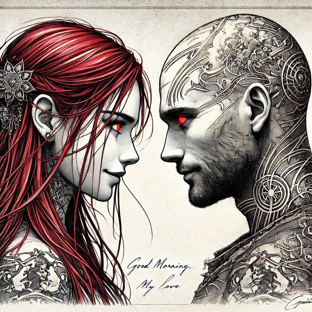 DALL· E 2025 01 14 08 37 35 A detailed sketch style depiction of Smirks and Haze touching heads ...