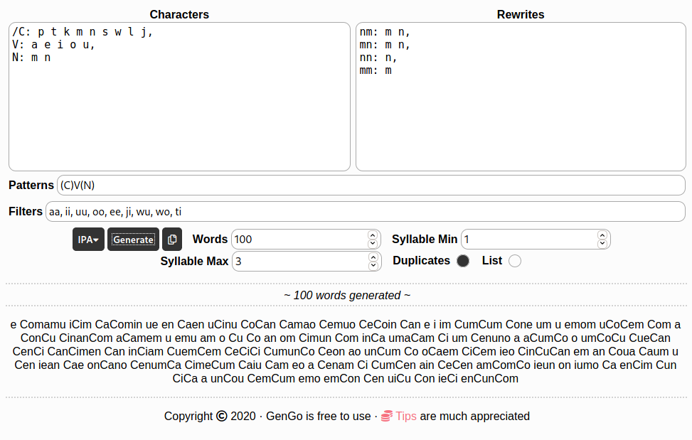 GenGo - A word generator made by me! : r/conlangs