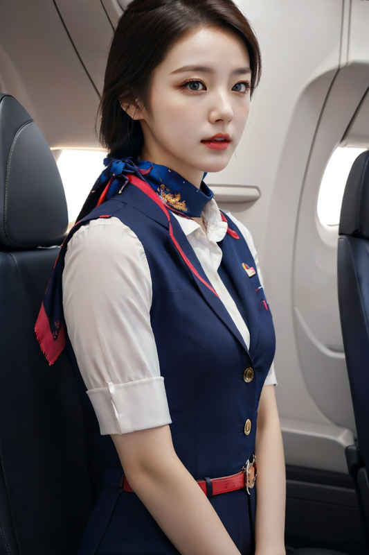 00001 2235107013 jal uniform,a woman in a uniform and red neck scarf ...