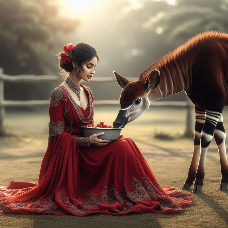 A lady in a long red dress feeding an okapi — Postimages