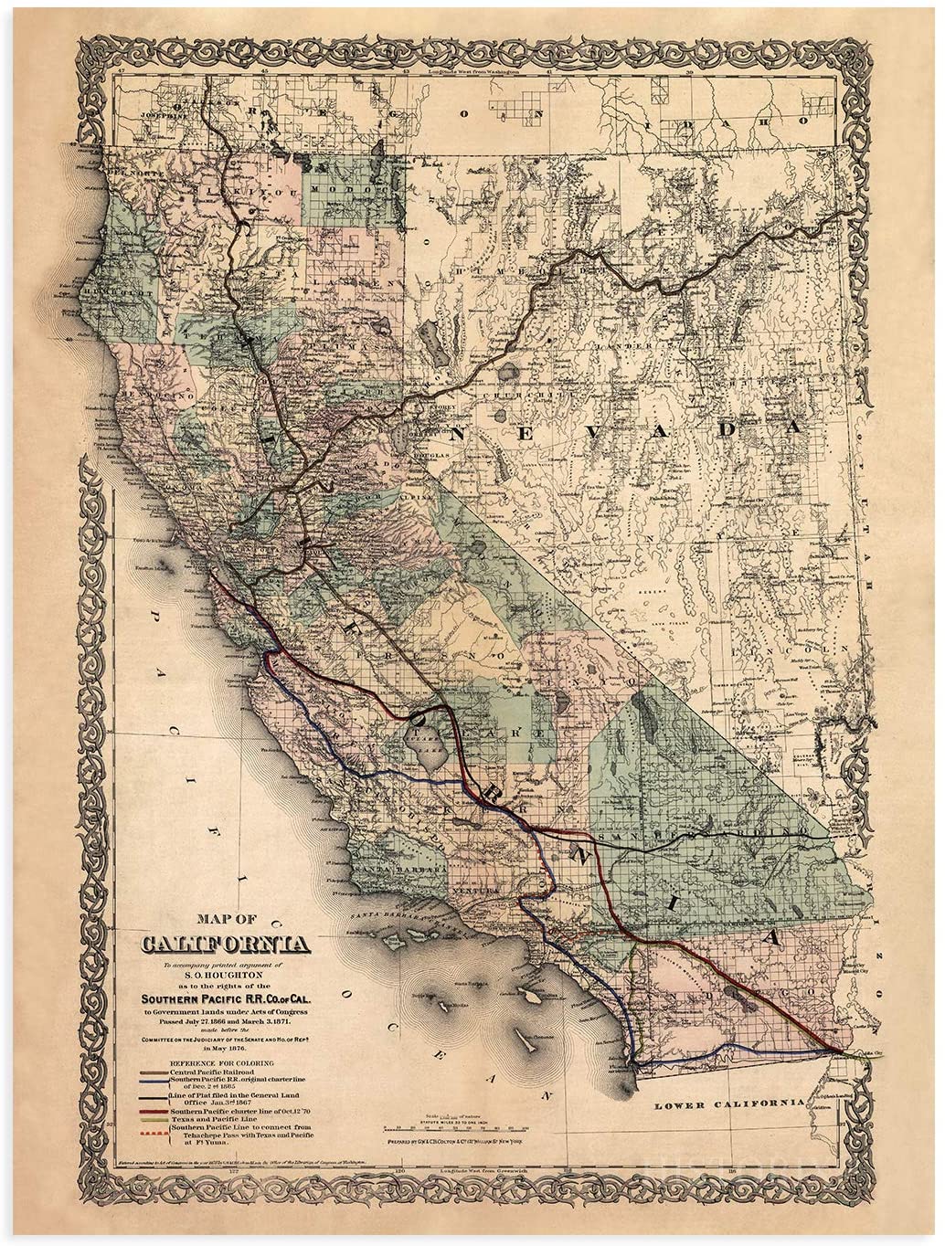 1876 Map of California - Vintage State of California USA Wall Art ...