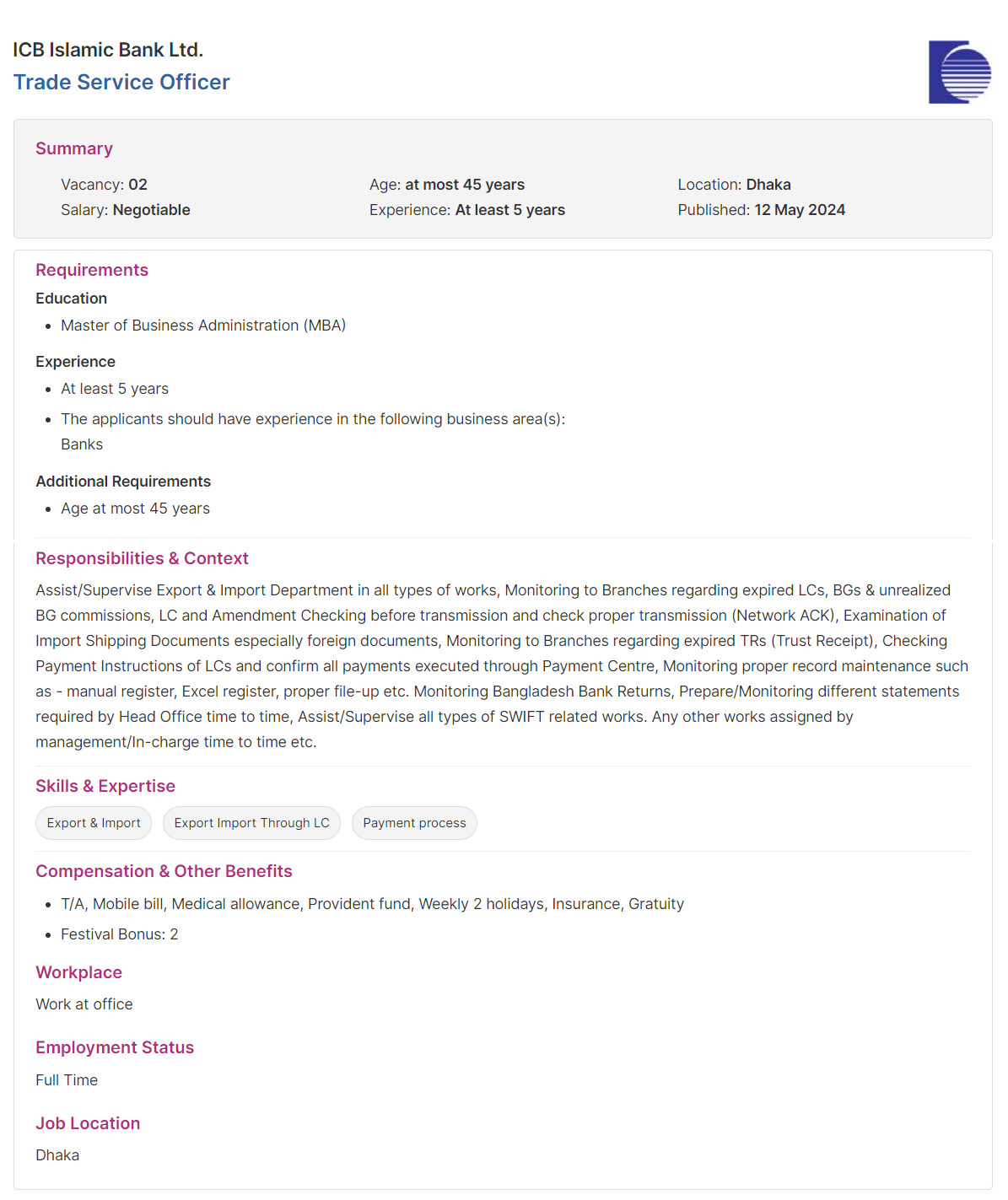 ICB Islamic Bank Limited Job Circular In 2024 – icbislamic-bd.com